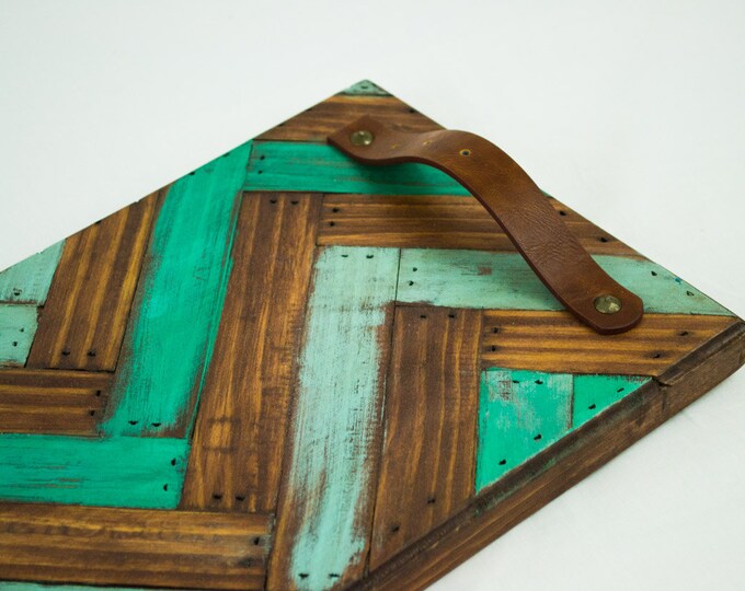 Distressed Wood Serving Tray Teal Blue Chevron Pattern Robins Egg Blue ...