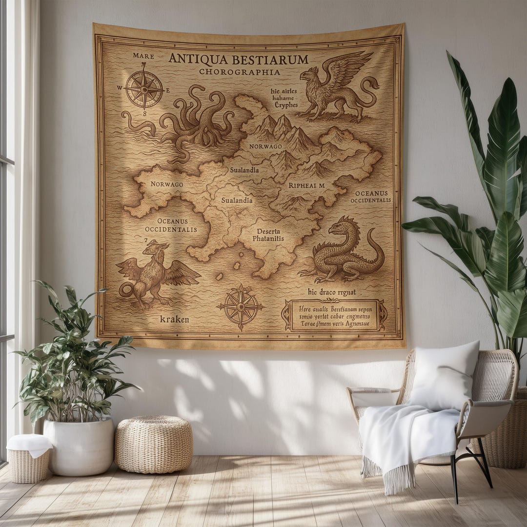 Fantasy Map Tapestry, Antique Medieval Wall Hanging With Dragons ...