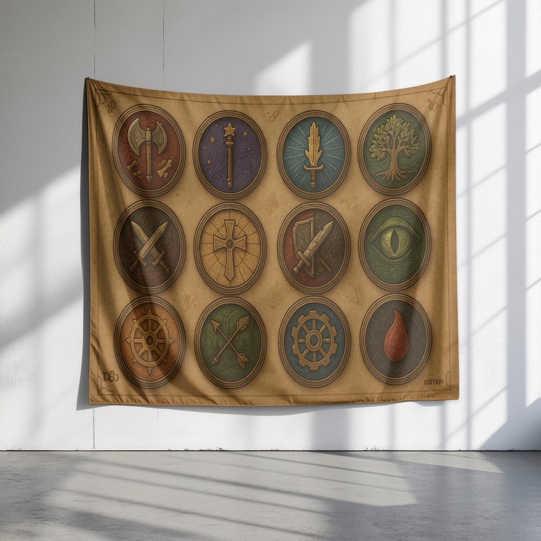D&D RPG Icons Tapestry, Vintage Fantasy Token Wall Art, Gaming Room ...