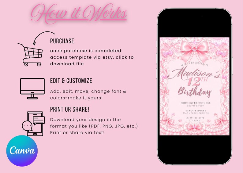 Pink Coquette Birthday Invitation, Editable Canva Template (digital ...