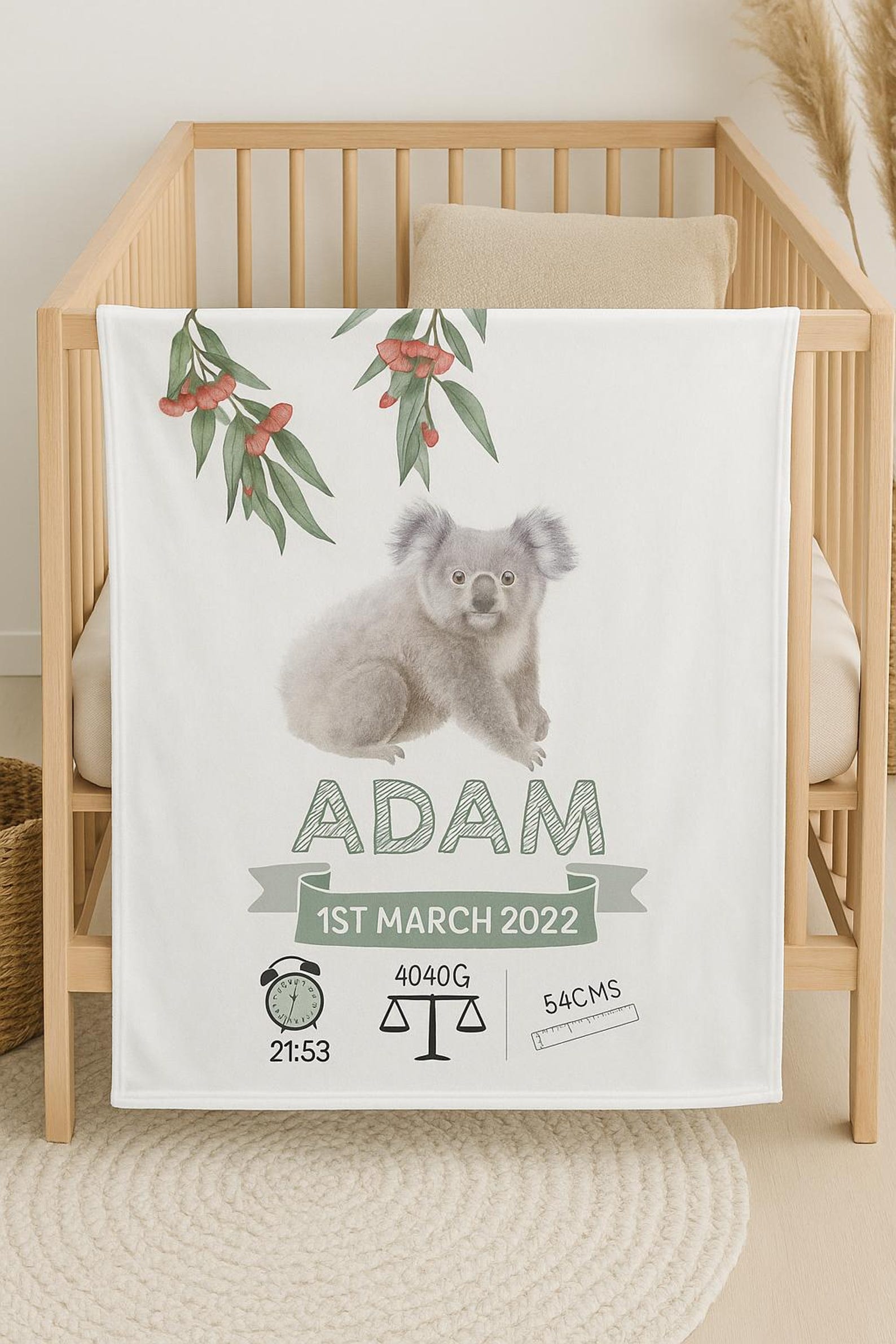 Personalised Koala Baby Birth Blanket – Custom Name, Date, Weight ...