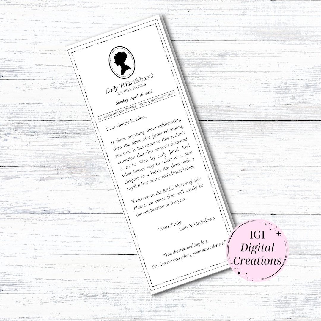 Lady Whistledown's Society Papers Bridal Shower Brochure - Editable ...