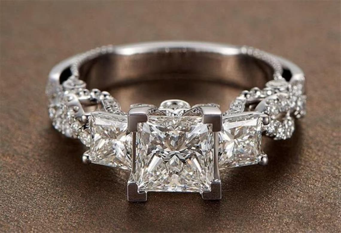 Art Deco Vintage Style Princess Cut Lab Created CZ Diamond 14K White ...