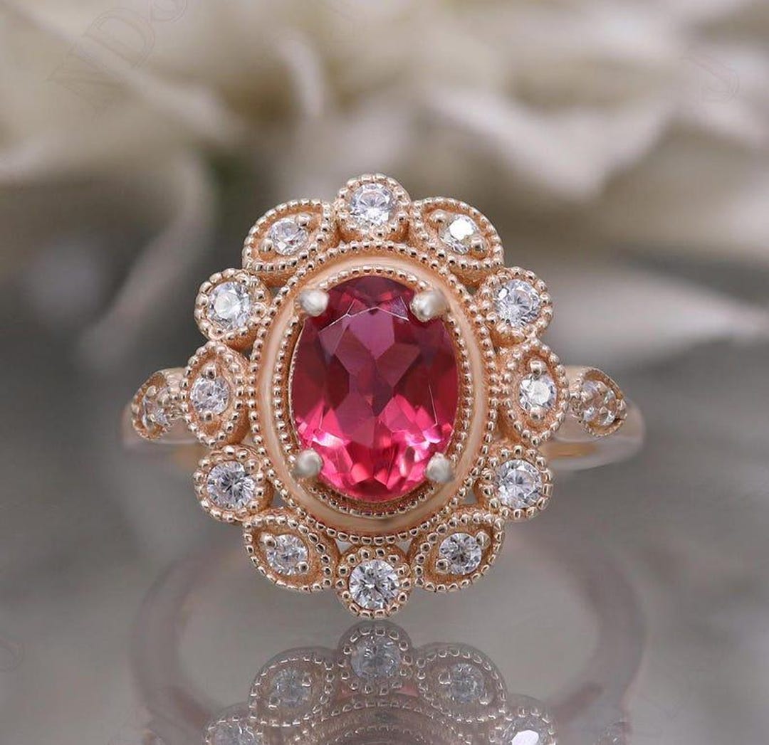 Art Deco Style Oval Cut Ruby & Lab Created CZ Diamond 14K Rose Gold ...