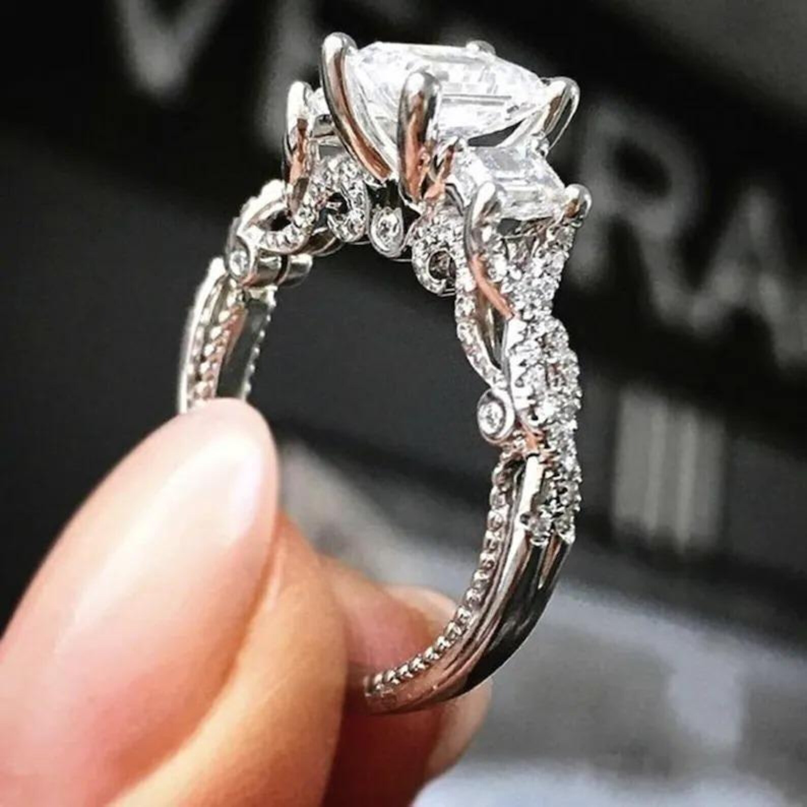Art Deco Vintage Style Princess Cut Lab Created CZ Diamond 14K White ...