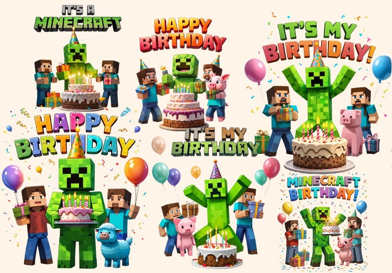 Mine Birthday PNG Bundle, Creeper Party Clipart Pack, Boys Birthday ...