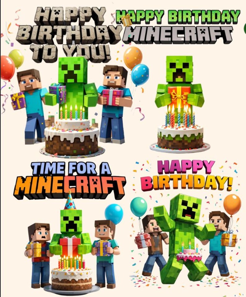 Mine Birthday PNG Bundle, Creeper Party Clipart Pack, Boys Birthday ...