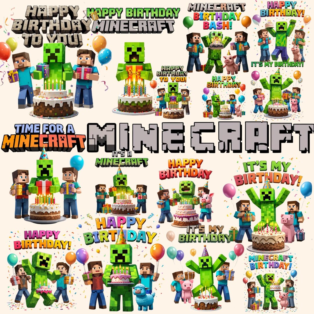 Mine Birthday PNG Bundle, Creeper Party Clipart Pack, Boys Birthday ...