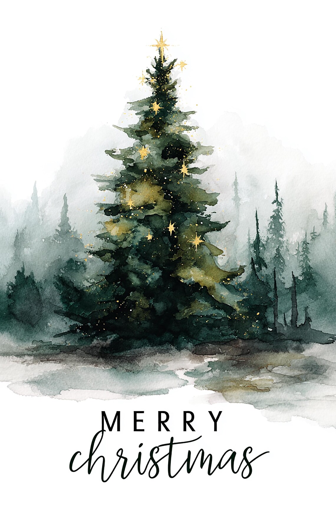 Vintage Christmas Trees Print, Watercolor Pine Forest Clipart (digital ...