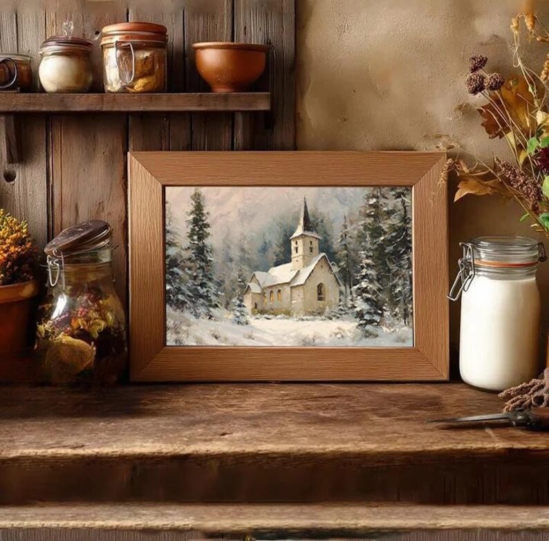 Vintage Winter Church Print: Rustic Christmas Cottagecore (digital ...