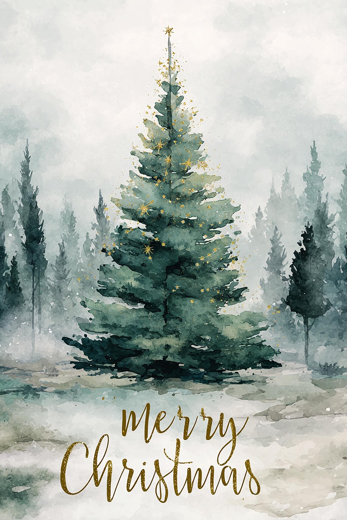 Vintage Christmas Trees Print, Watercolor Pine Forest Clipart (digital ...
