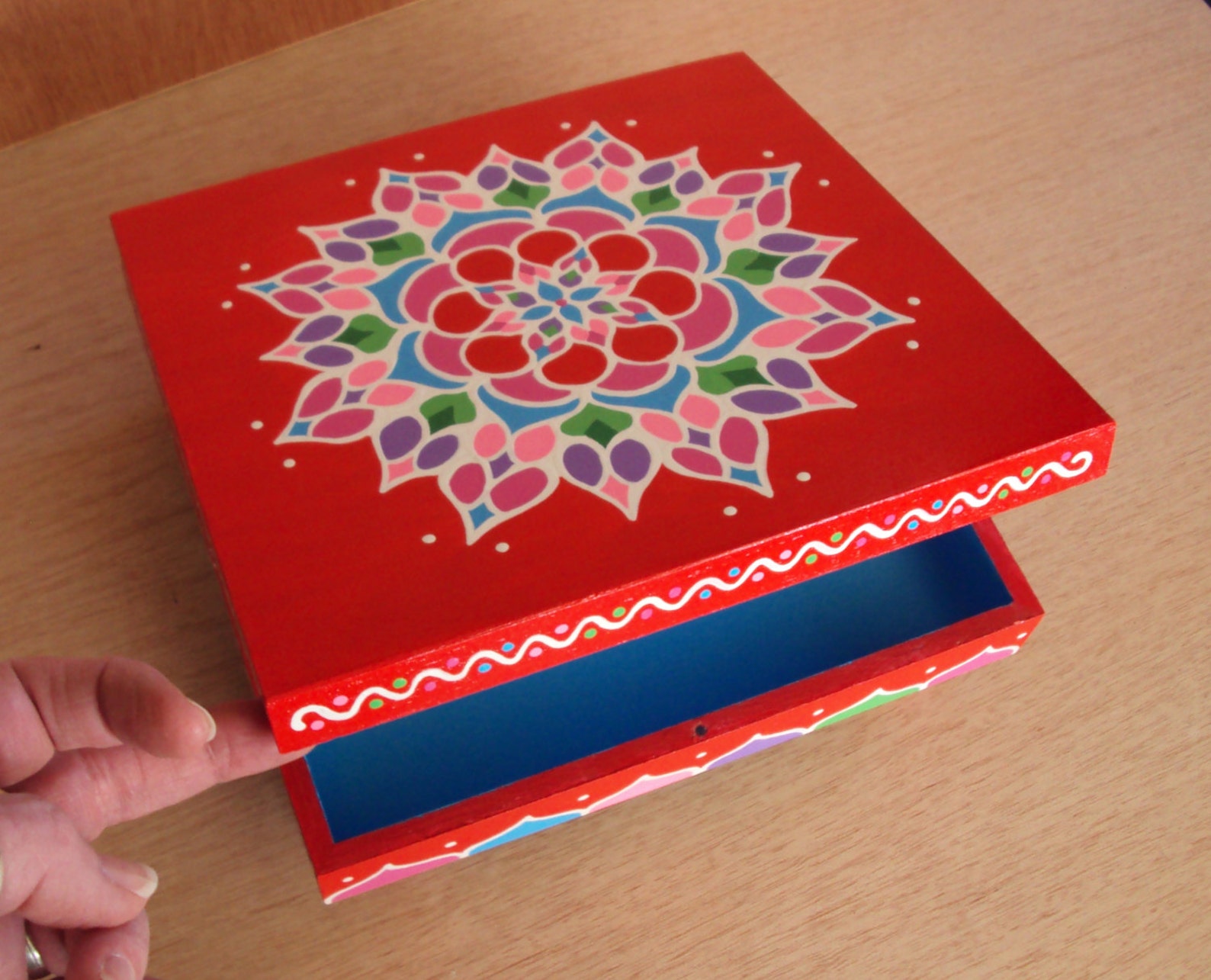 Hand Painted Red Mandala Style Box Bright Colors Original - Etsy