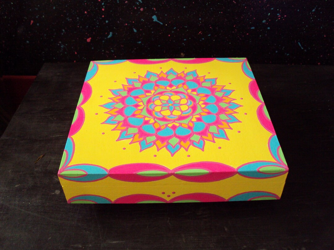 Painted Cigar Box Mandala Painting Yellow Pink Blue Original Design ...