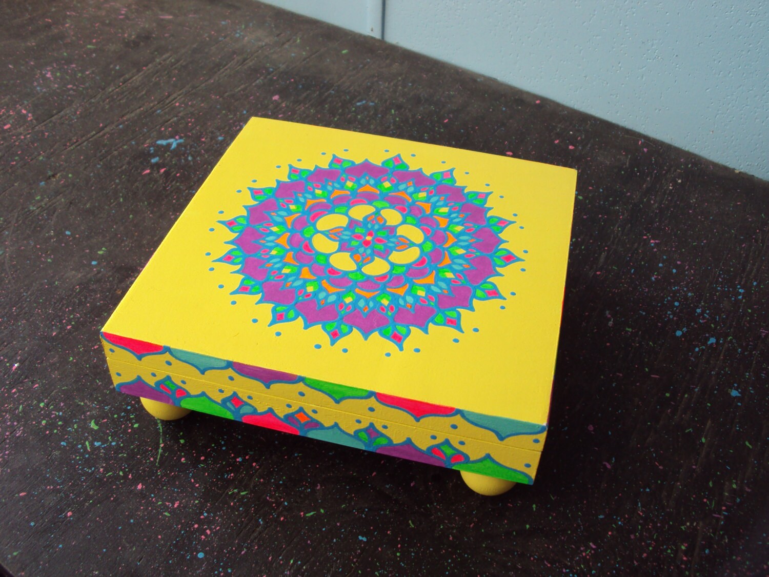 Mandala Hand Painted Box Decorative Yellow Box With Purple Mandala ...