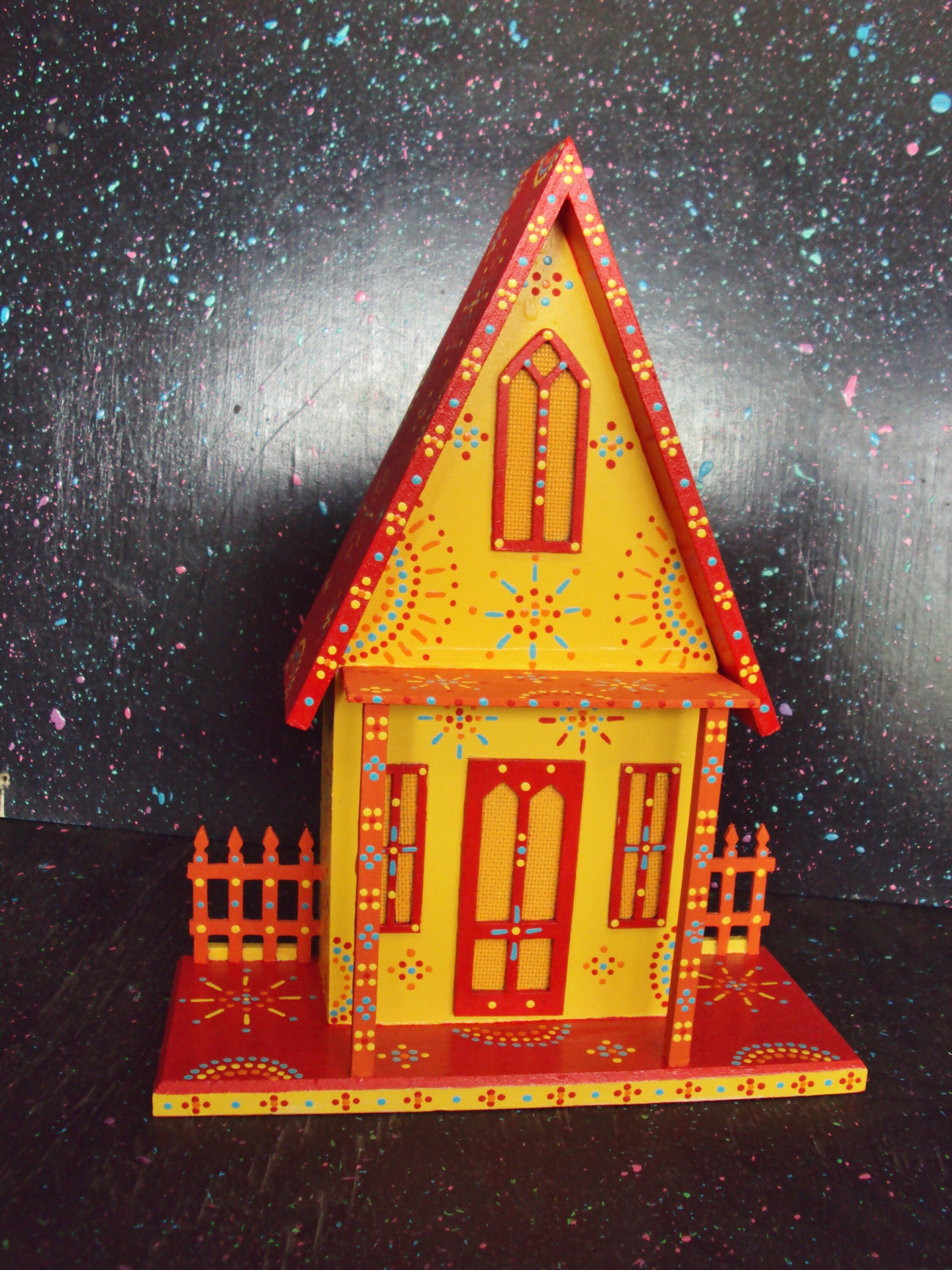 Hand Painted Wood House Display Decorative Red Yellow Circle - Etsy