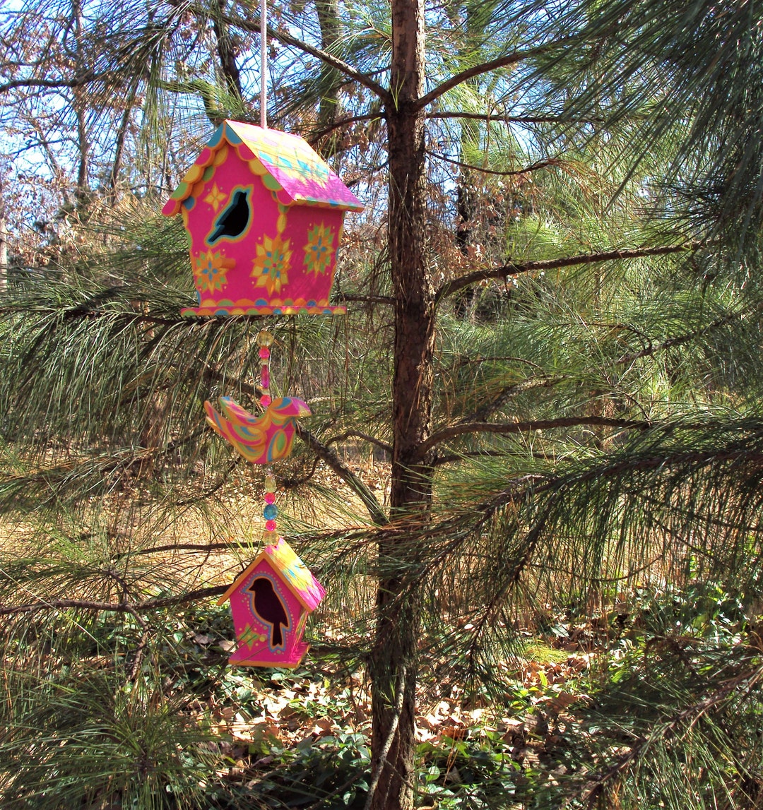 Hand Painted Triplex Birdhouse With Bird Display Mobile Display With ...