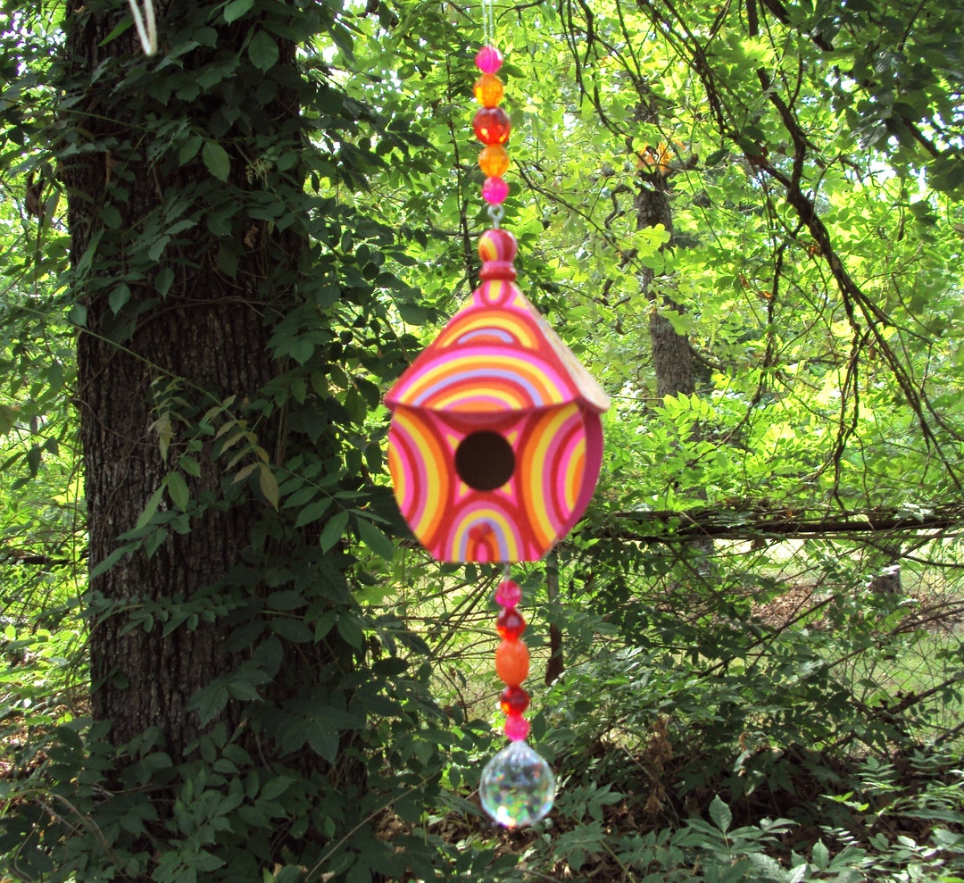 Hand Painted Small Birdhouse Display With Glass Prism Suncatcher ...