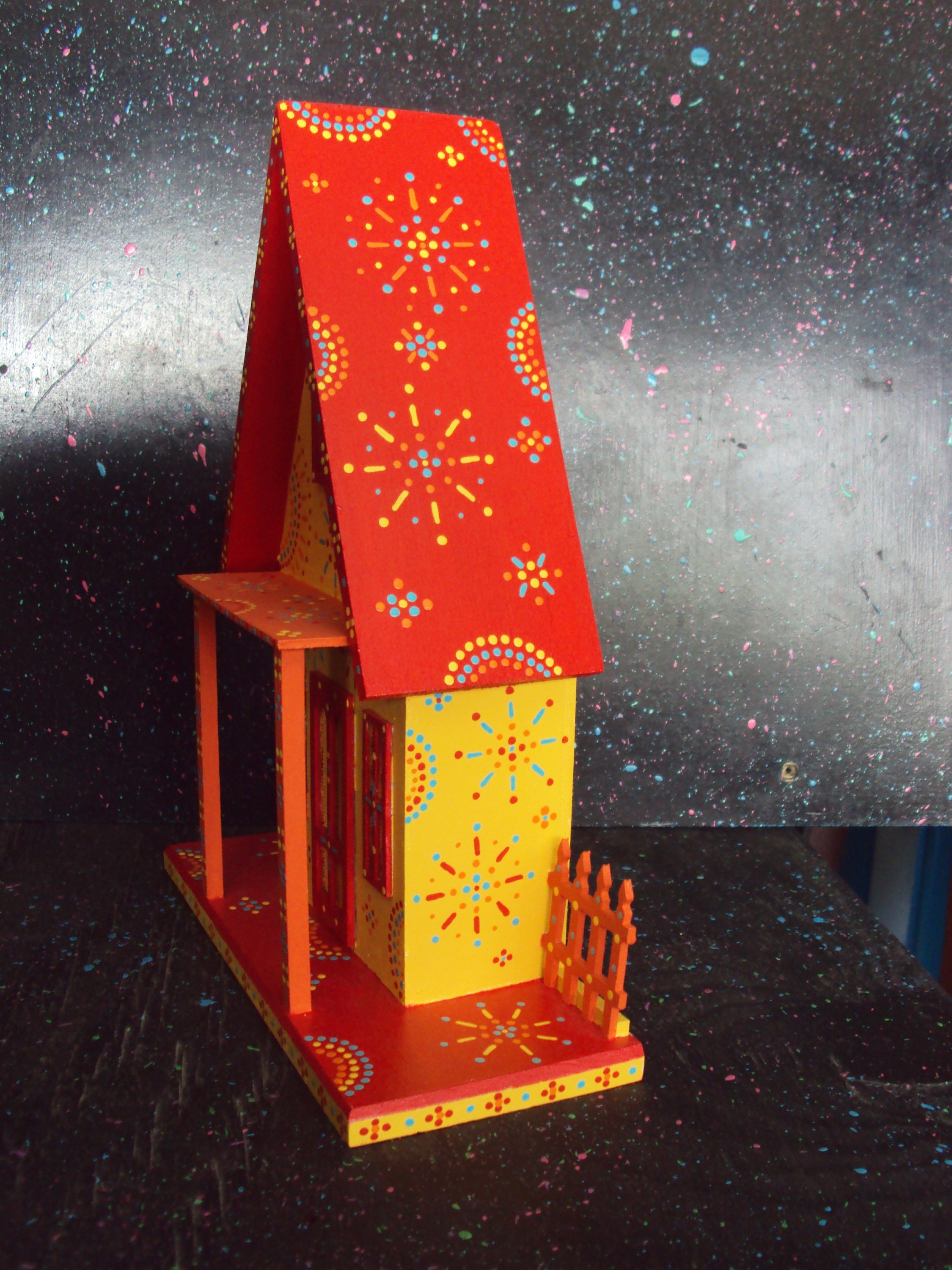 Hand Painted Wood House Display Decorative Red Yellow Circle - Etsy