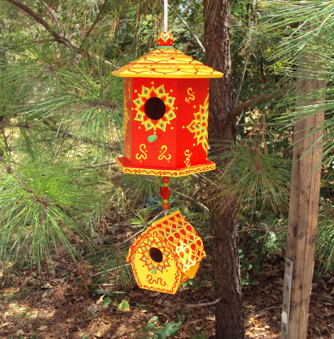 Hand Painted Two Birdhouse Display Festive Decorative Birdhouses Summer ...