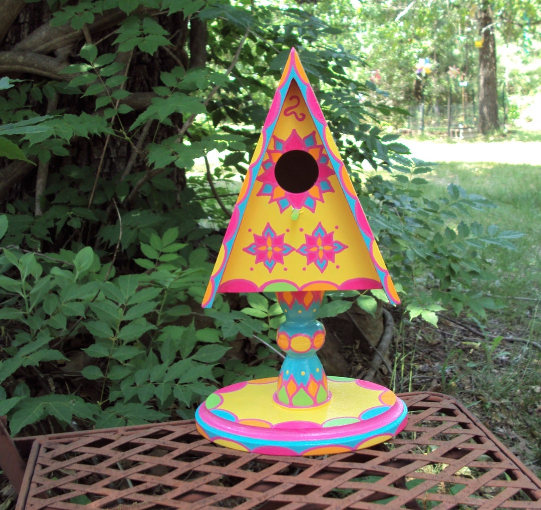 A Frame Birdhouse on Pedestal Hand Painted Whimsical Designs Decorative ...