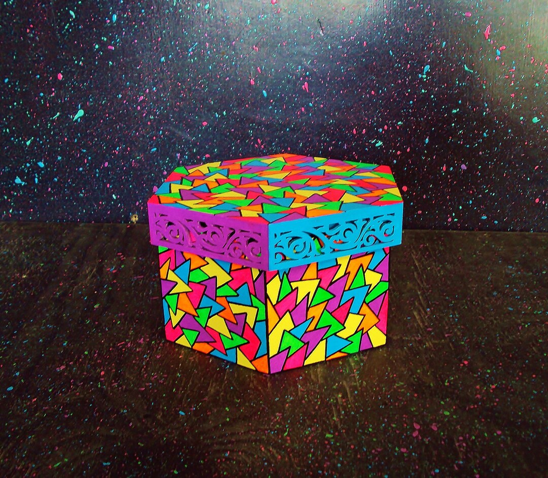 Stained Glass Look Hand Painted Box Six Sides Bright Colors Mosaic ...