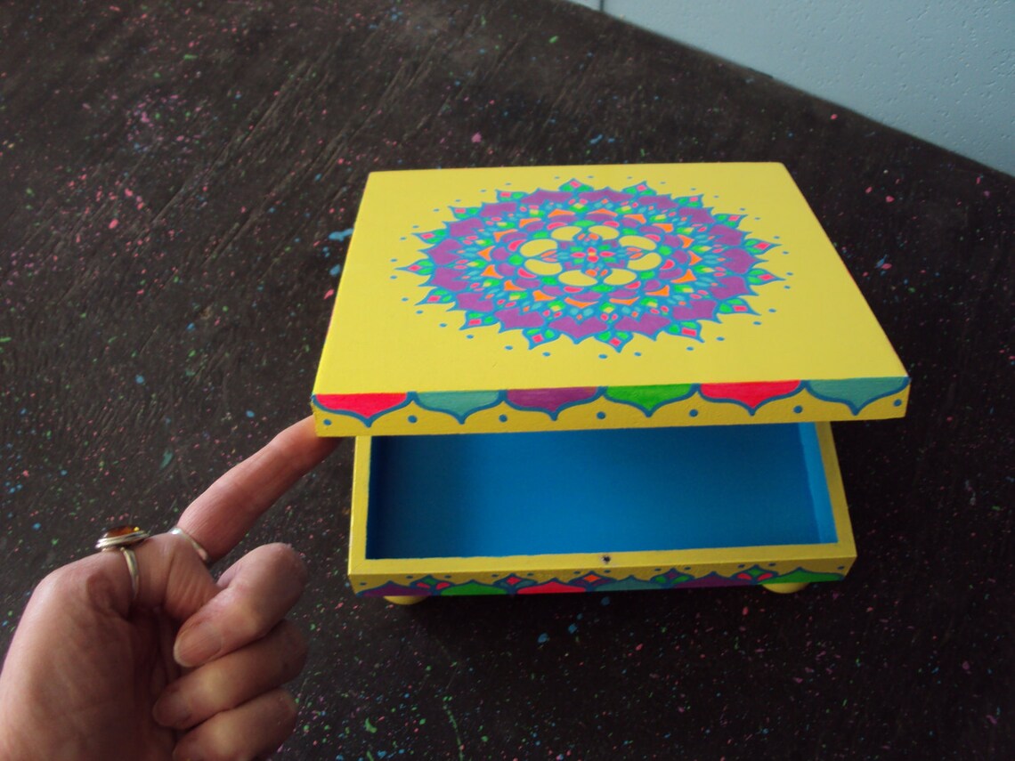 Mandala Hand Painted Box Decorative Yellow Box With Purple Mandala ...