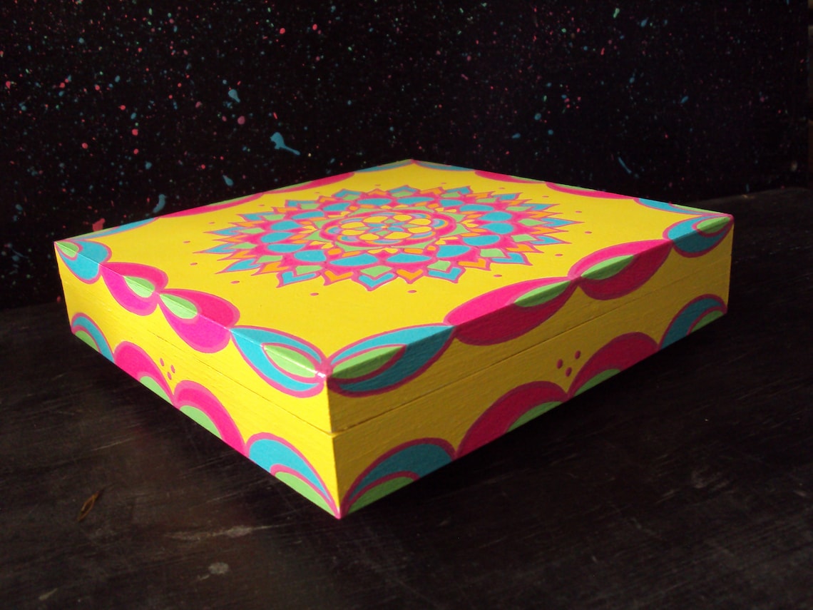 Painted Cigar Box Mandala Painting Yellow Pink Blue Original | Etsy