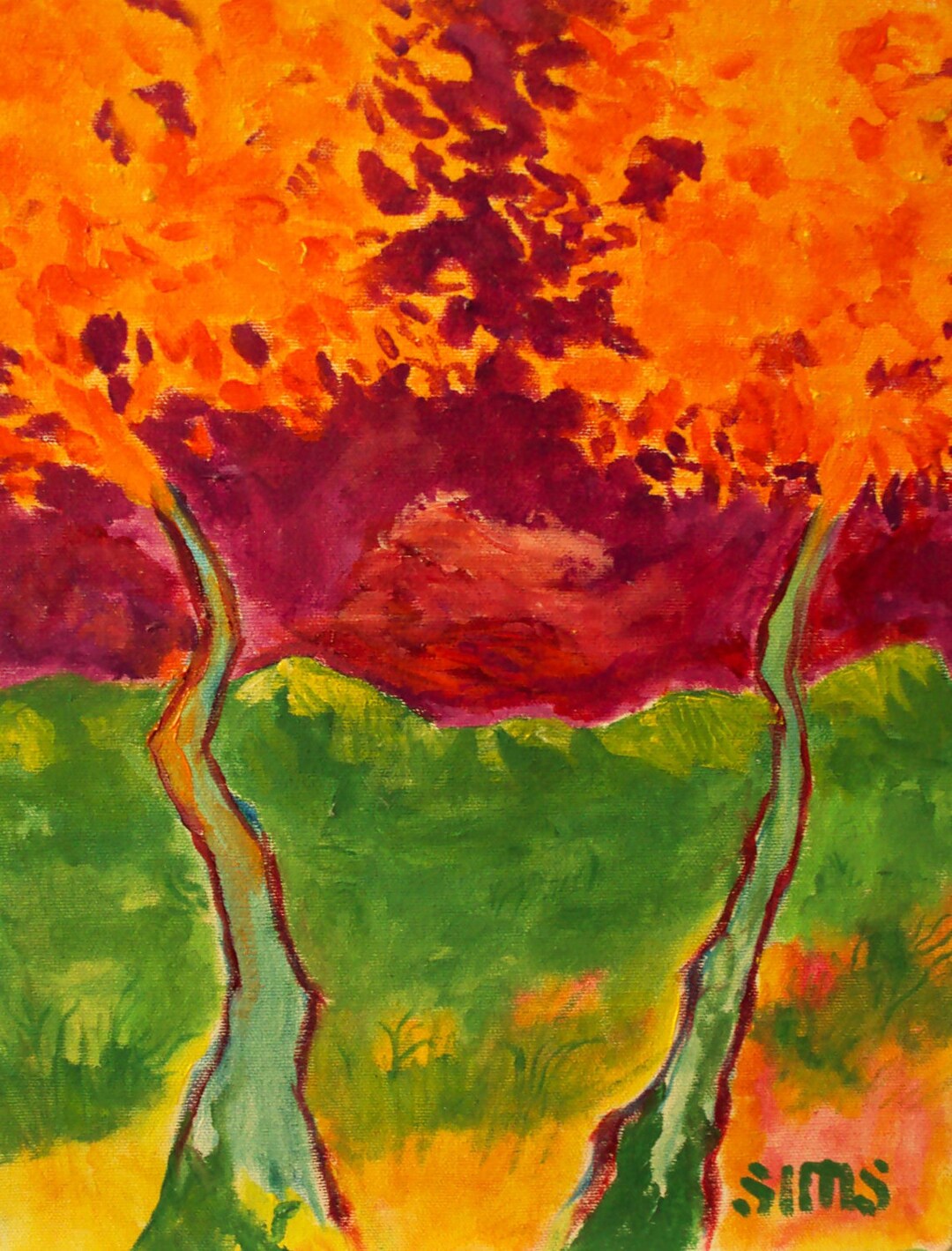 Sunlit Trees/ Expressionism/ Orange/green 11 X 14 Oil Painting on ...