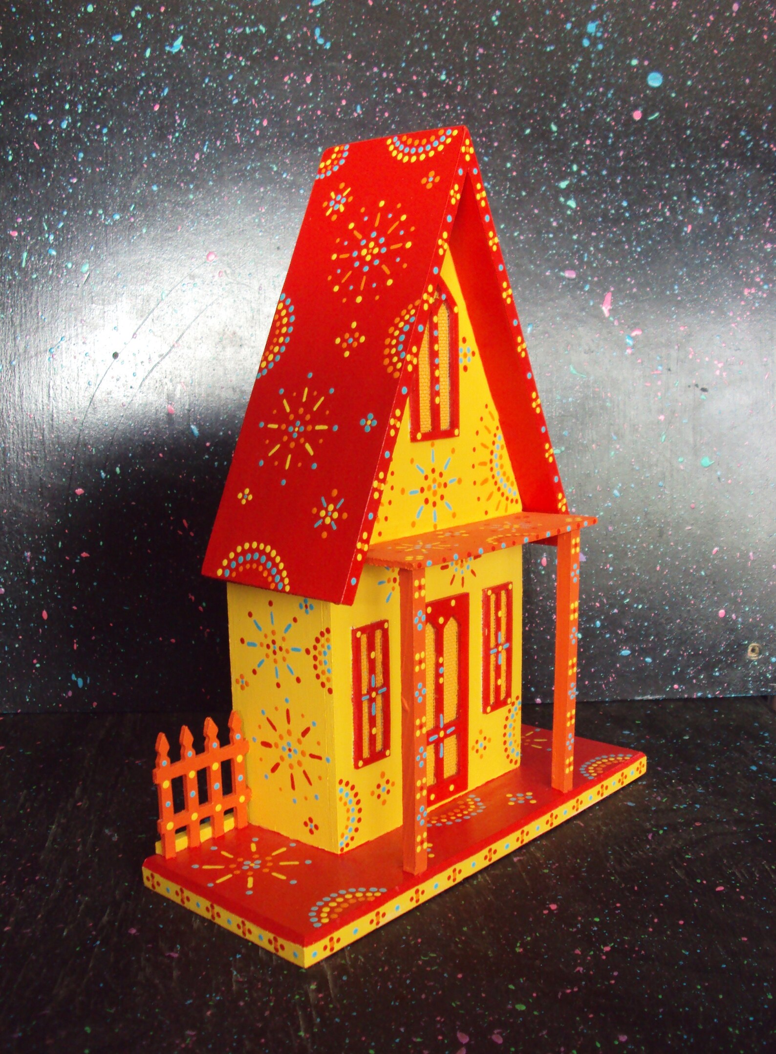 Hand Painted Wood House Display Decorative Red Yellow Circle - Etsy