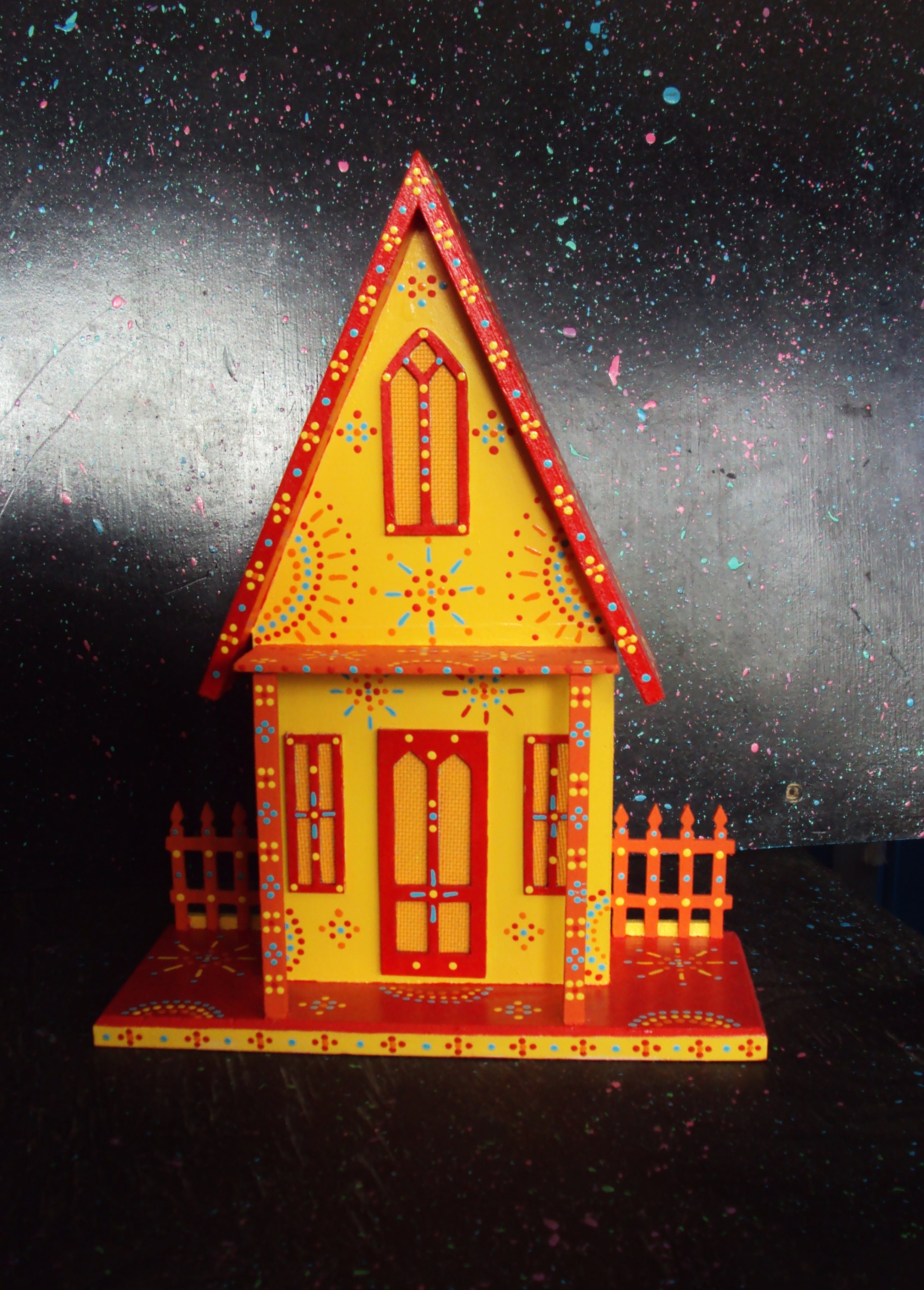 Hand Painted Wood House Display Decorative Red Yellow Circle - Etsy