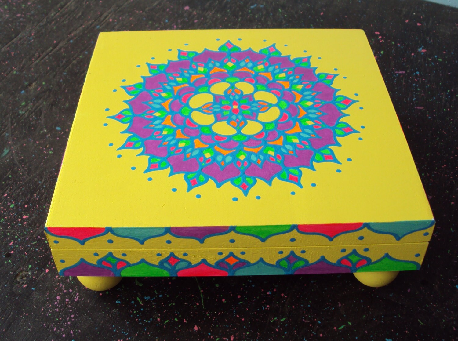 Mandala Hand Painted Box Decorative Yellow Box With Purple Mandala ...