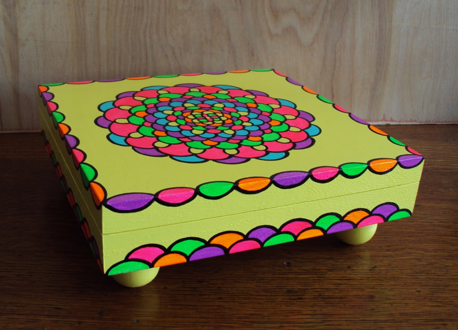 Mandala Style Handpainted Wood Box/bright Colors on Yellow/ Circle ...