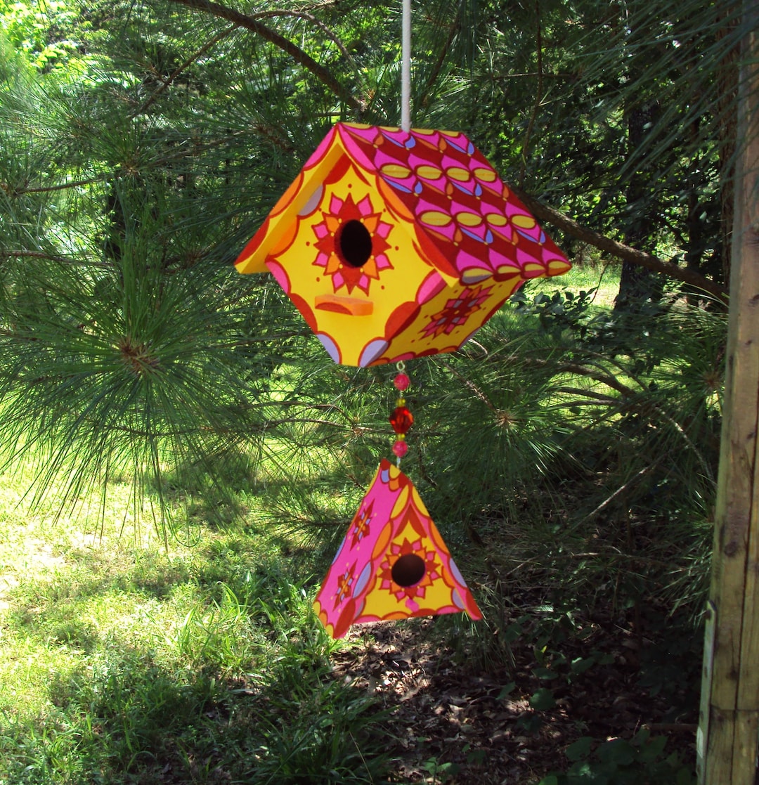 Hand Painted Whimsical Birdhouse Display Two Birdhouses With Beads ...