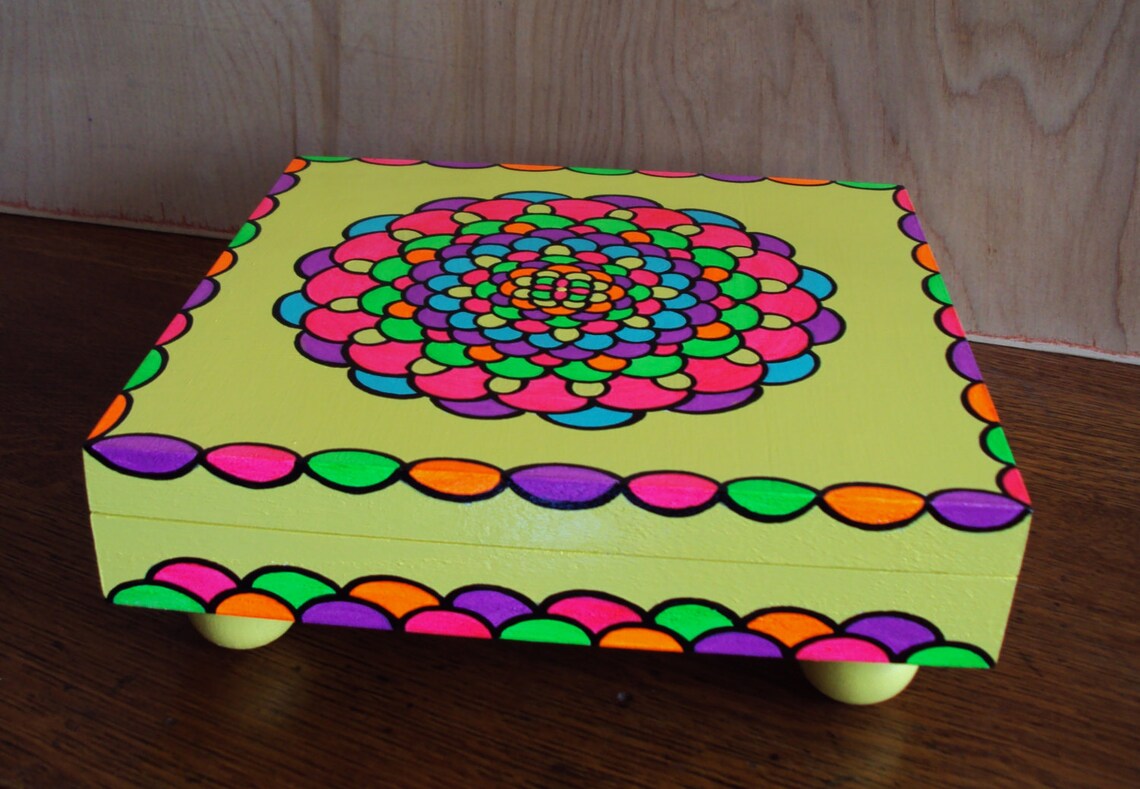Mandala Style Handpainted Wood Box/bright Colors on Yellow/ - Etsy