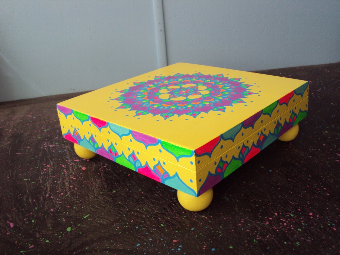 Mandala Hand Painted Box Decorative Yellow Box With Purple Mandala ...