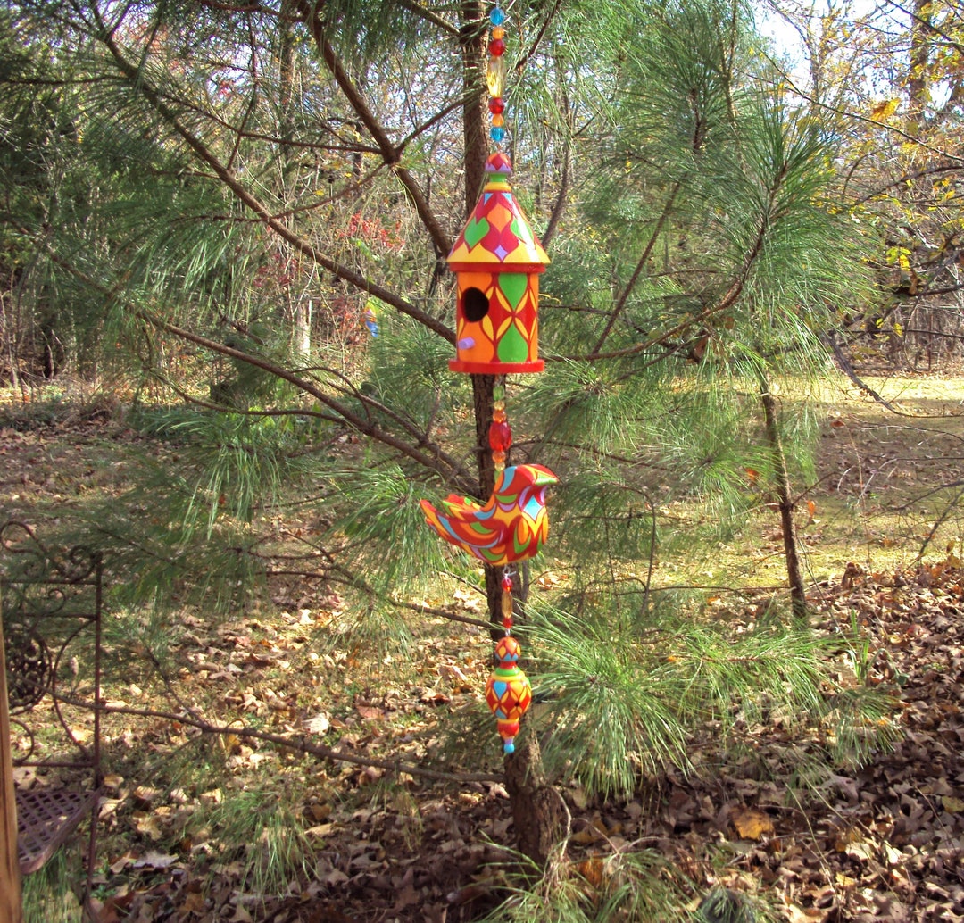 Hand Painted Small Birdhouse With Bird Mobile Display Original Designs ...