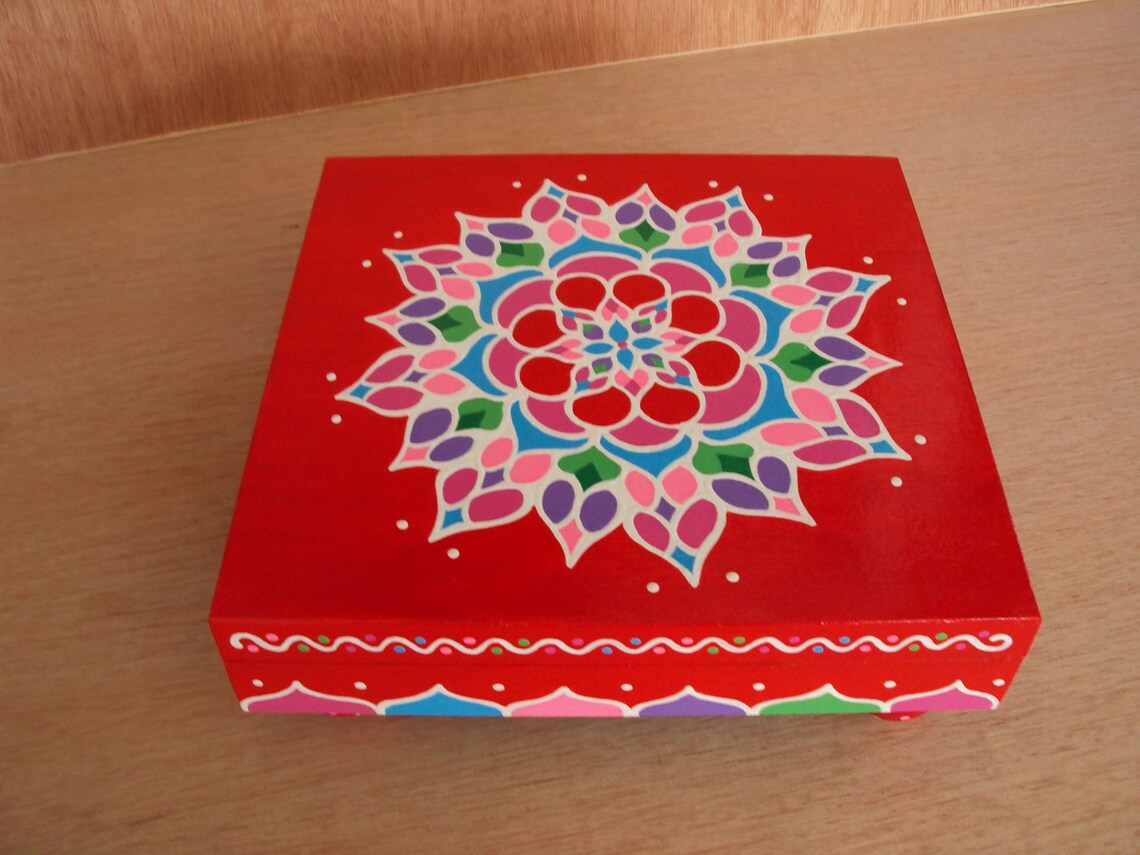 Hand Painted Red Mandala Style Box Bright Colors Original - Etsy