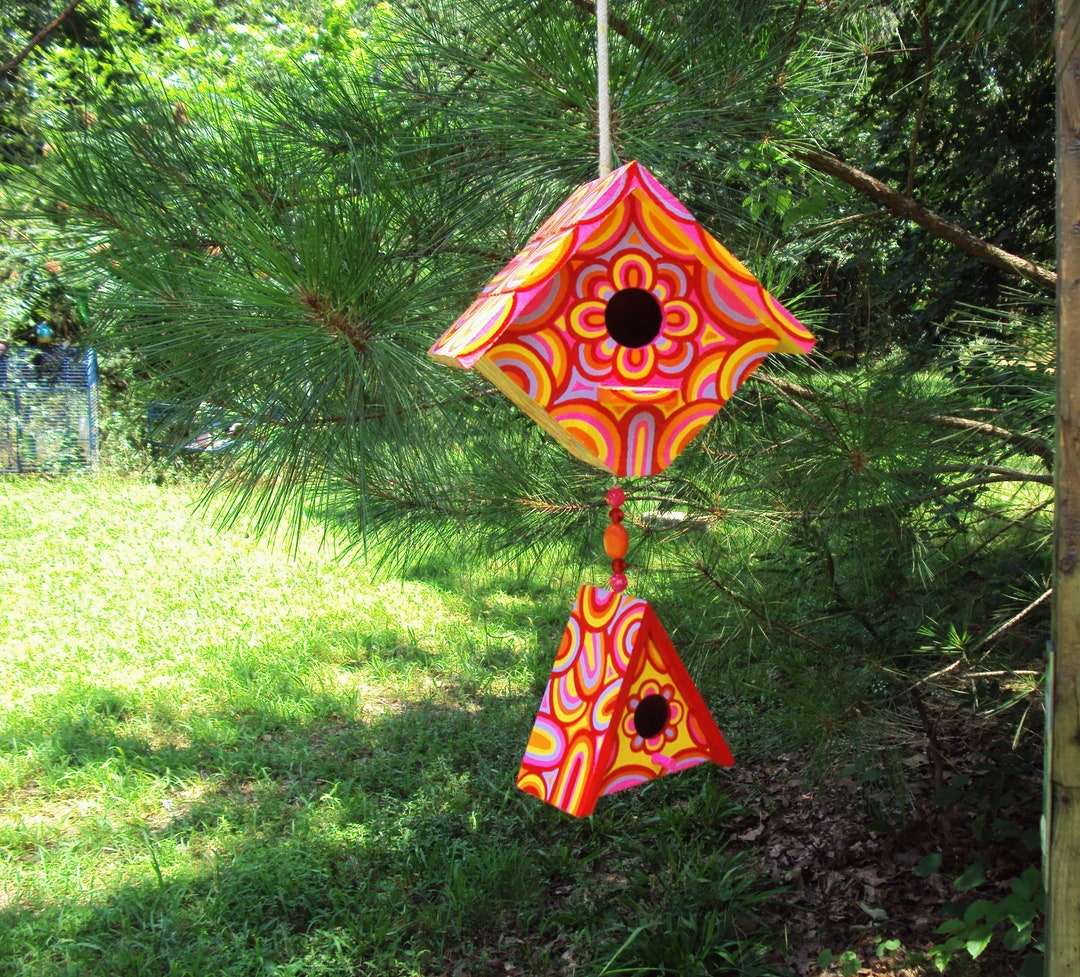 Hand Painted Two Birdhouse Display Swirls of Colors Psychedelic Designs ...