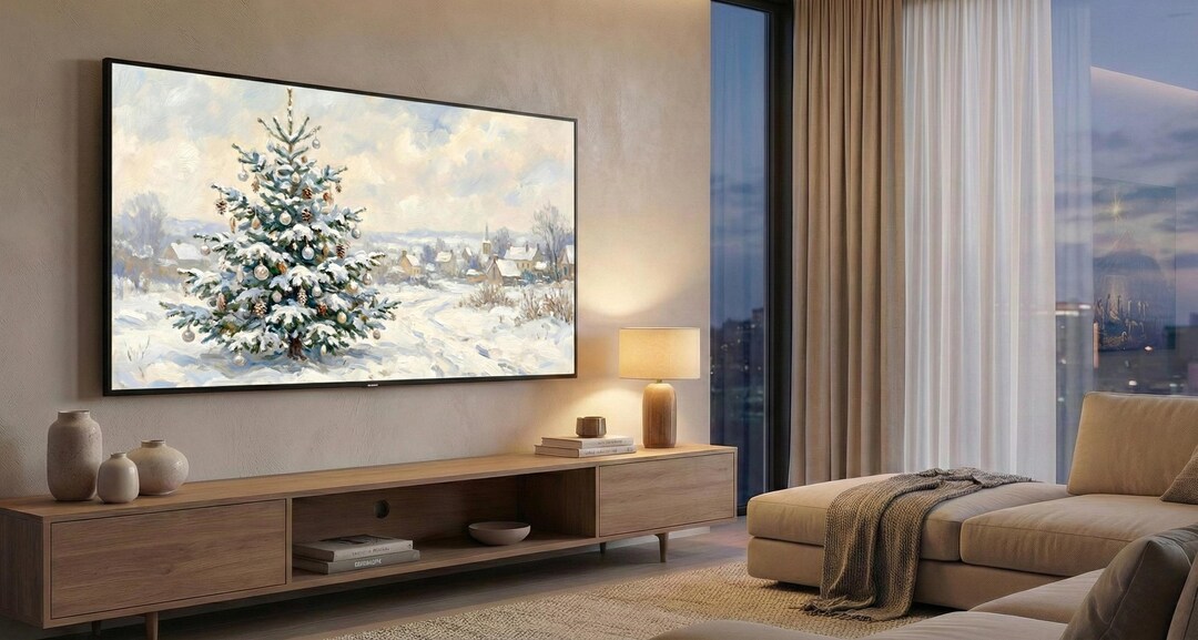 4K Smart TV Christmas Art, Soft Winter Village Landscape, Nordic ...