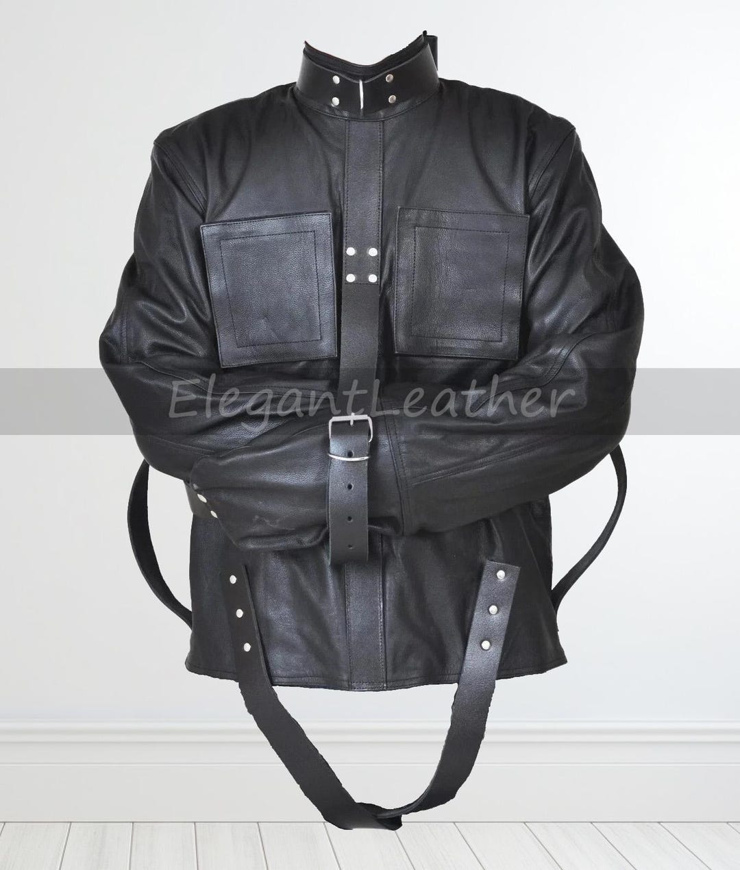 Real Black Cowhide Leather Straight Jacket Heavy Duty Leather