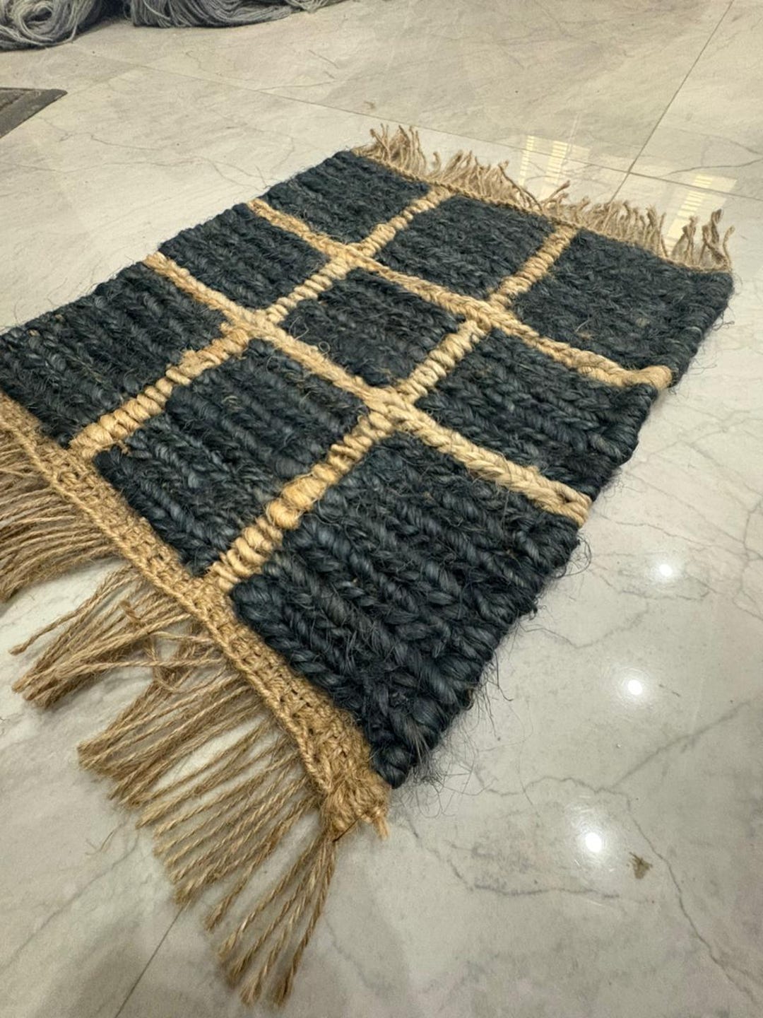 Handwoven Black & Natural Jute Grid Rug – Chunky Textured Wool Blend ...