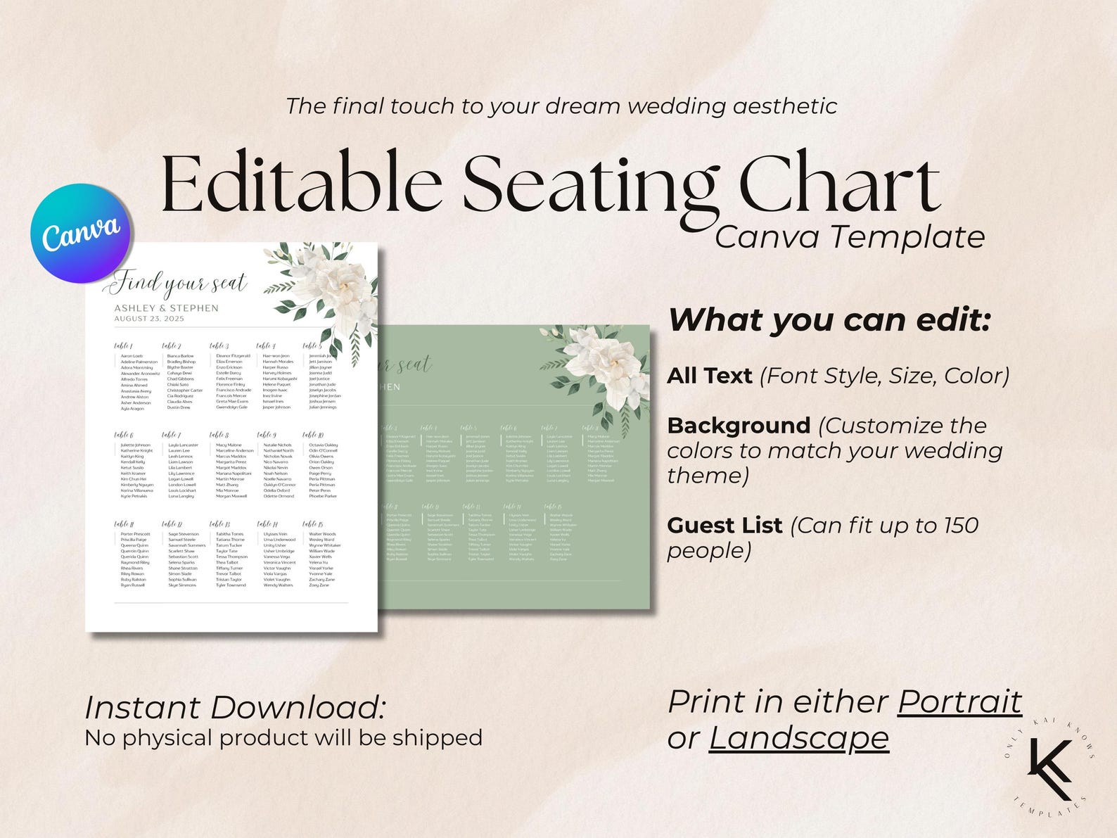 Sage Green Wedding Seating Chart Template – Canva Editable Sign ...