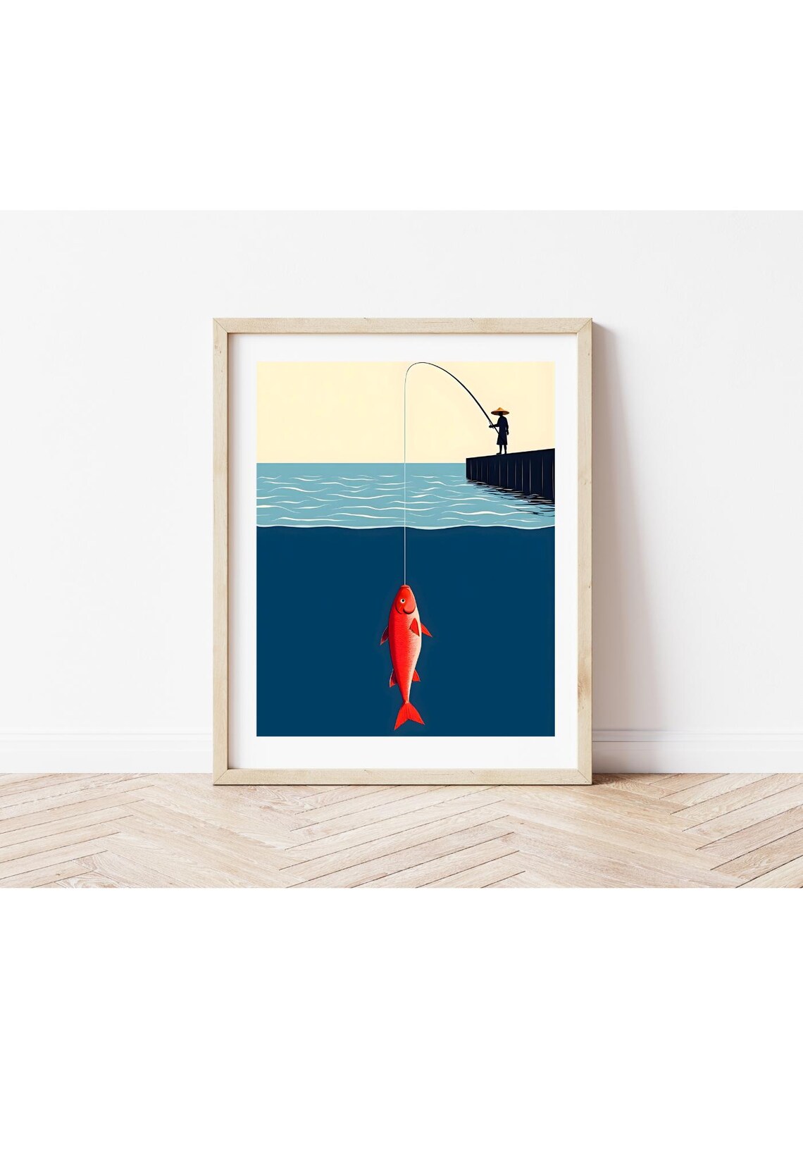 Man Fishing With Orange Fish Illustration – Minimal Coastal Art Print ...