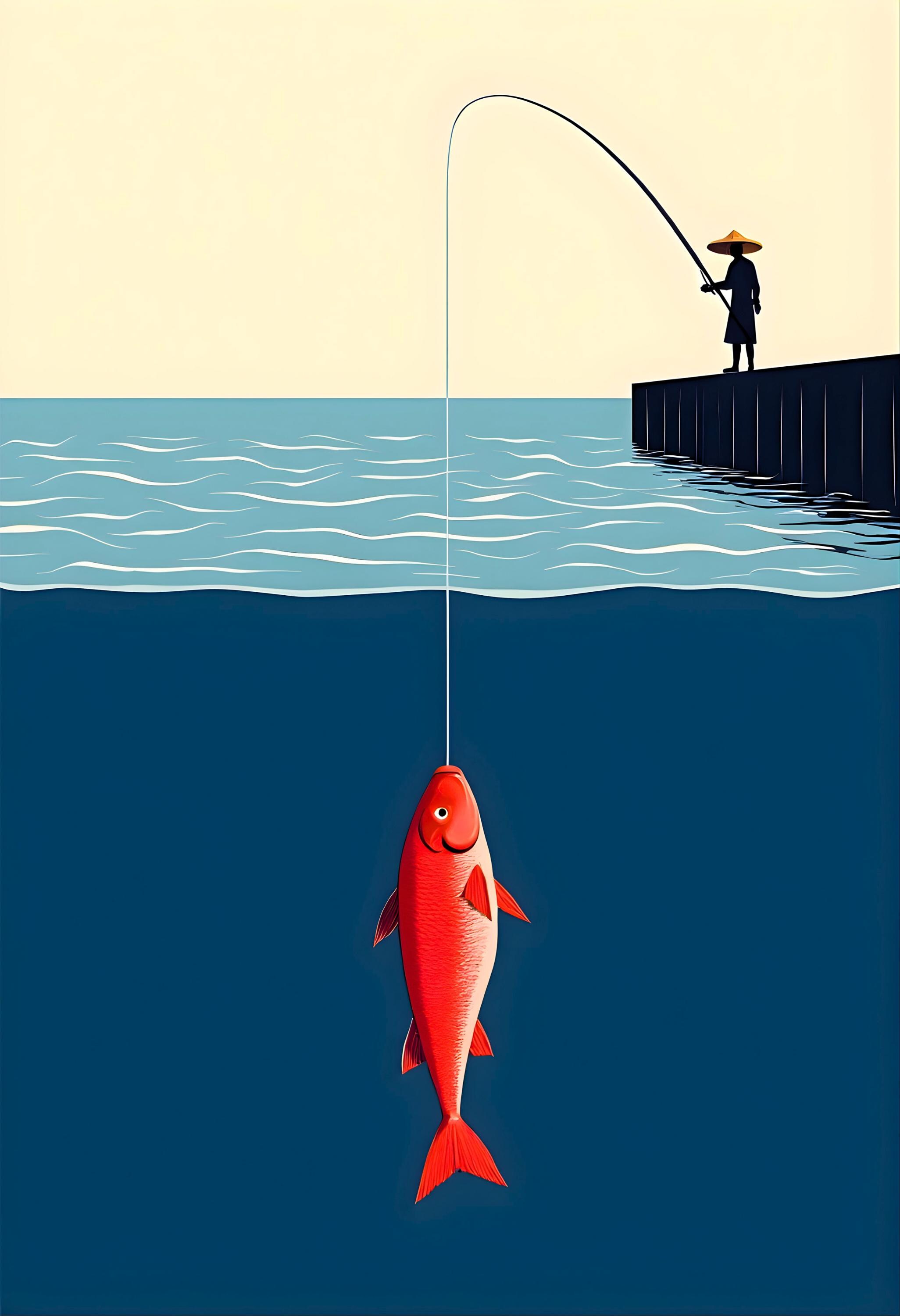 Man Fishing With Orange Fish Illustration – Minimal Coastal Art Print ...