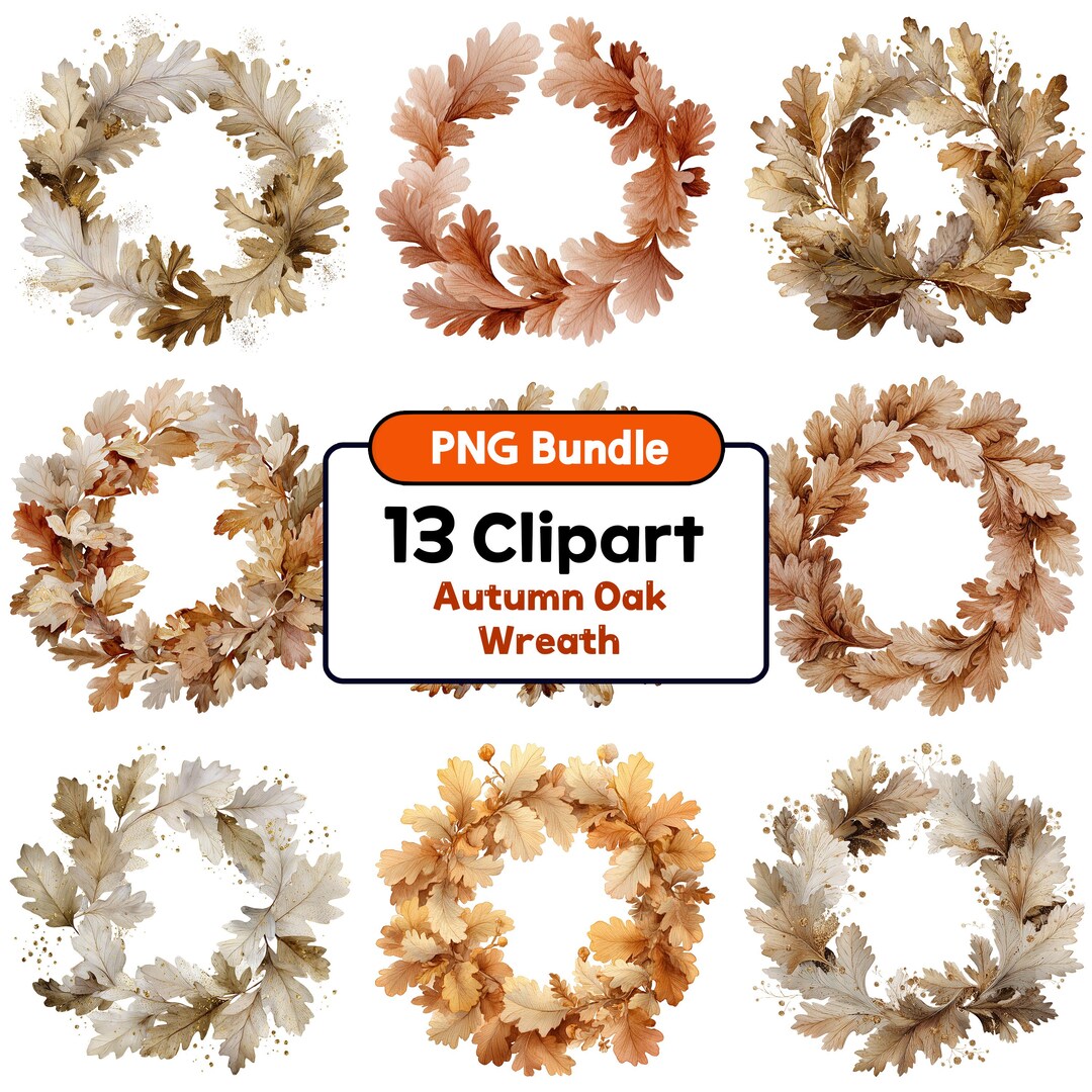 Autumn Oak Wreath PNG Bundle | 13 Fall Clipart | Thanksgiving Rustic ...
