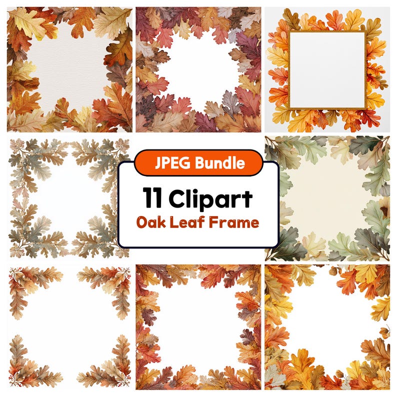 Autumn Oak Leaf Frame Clipart Bundle: Fall Foliage PNG (digital ...