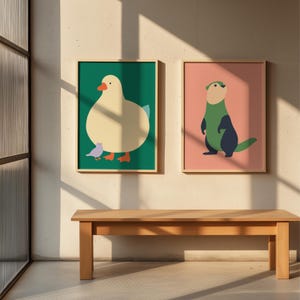 Cute Duck and Baby Bird Print – Minimalist Nursery Wall Art, Animal ...