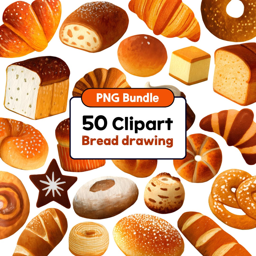 Watercolor Bread Clipart Bundle: 50 Bakery PNG Illustrations (digital ...