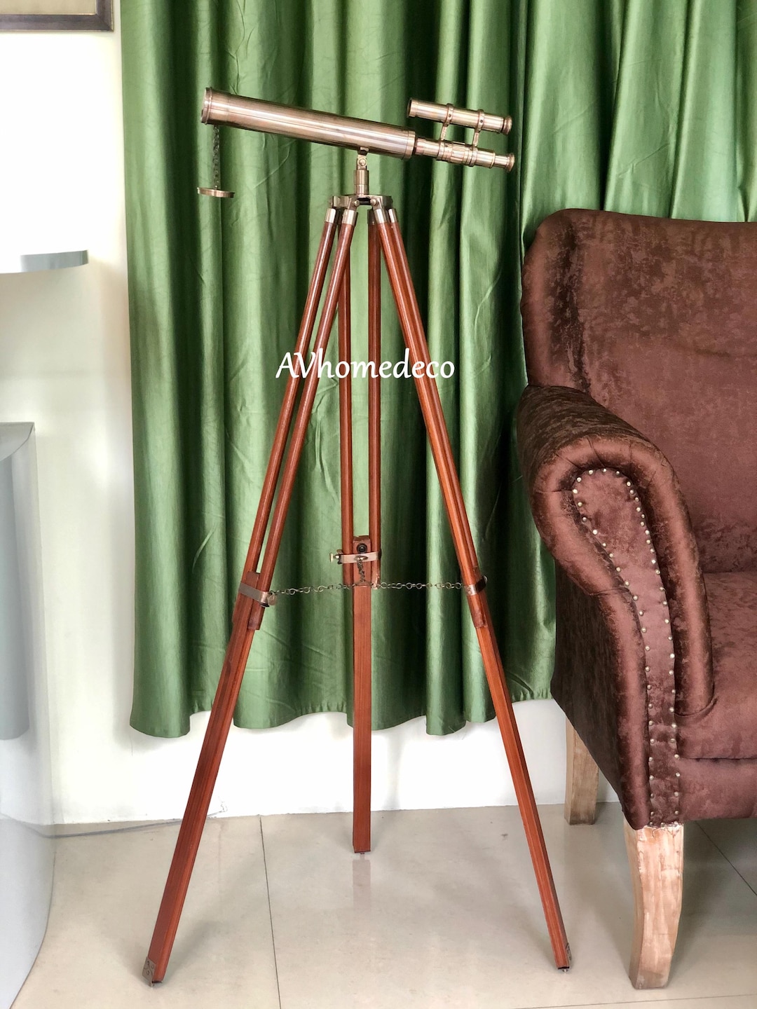 Floor Standing Brass Telescope Adjustable Tripod Wooden Stand Fully ...