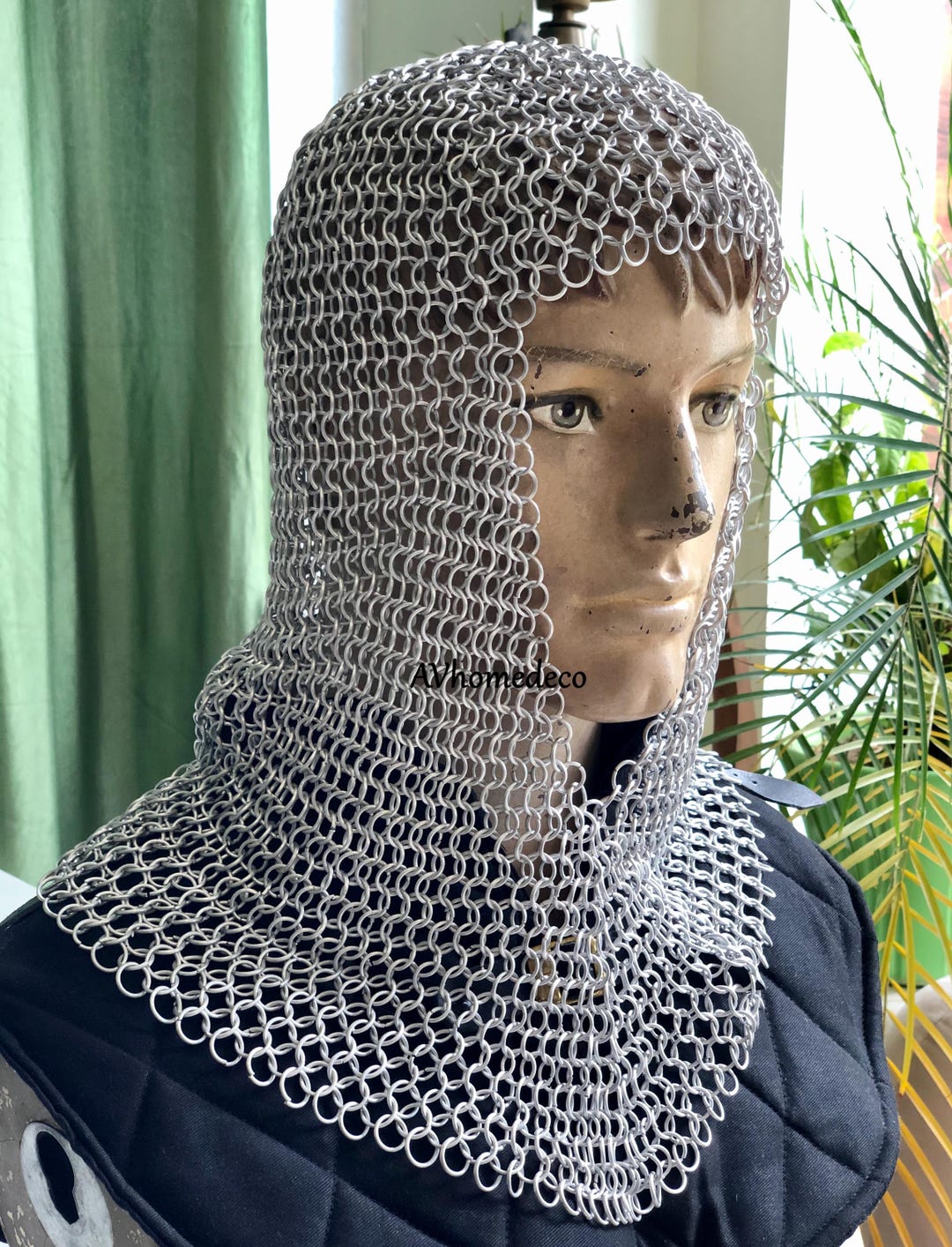 Medieval Handmade Chainmail Hood V Faced Coif Wearable Knight Armor ...